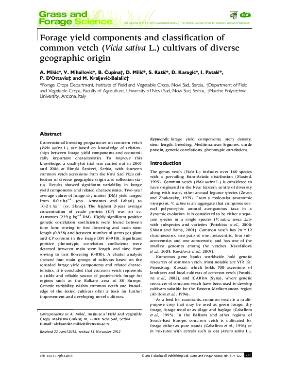 (PDF) Forage yield components and classification of common vetch (Vicia ...