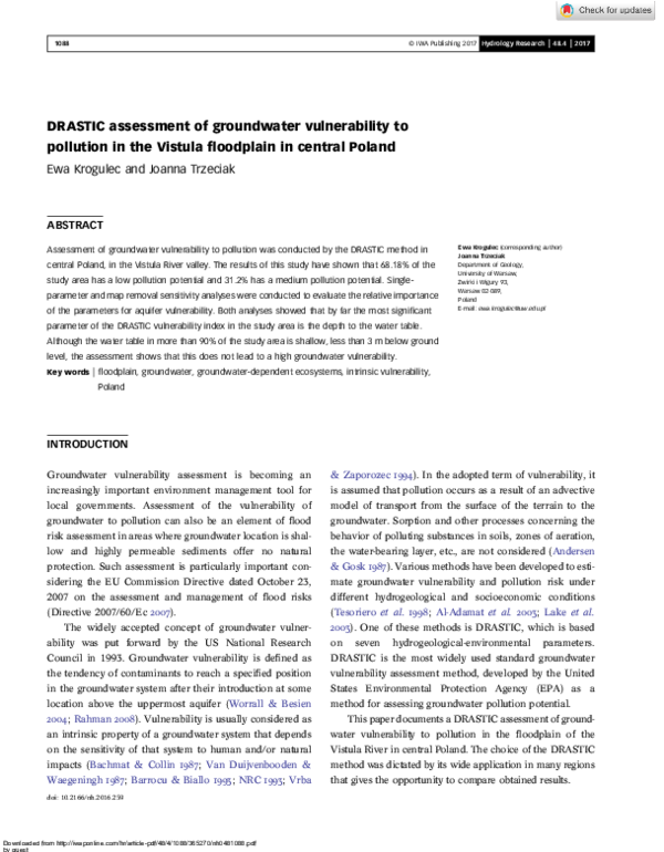 Pdf Drastic Assessment Of Groundwater Vulnerability To Pollution In The Vistula Floodplain In