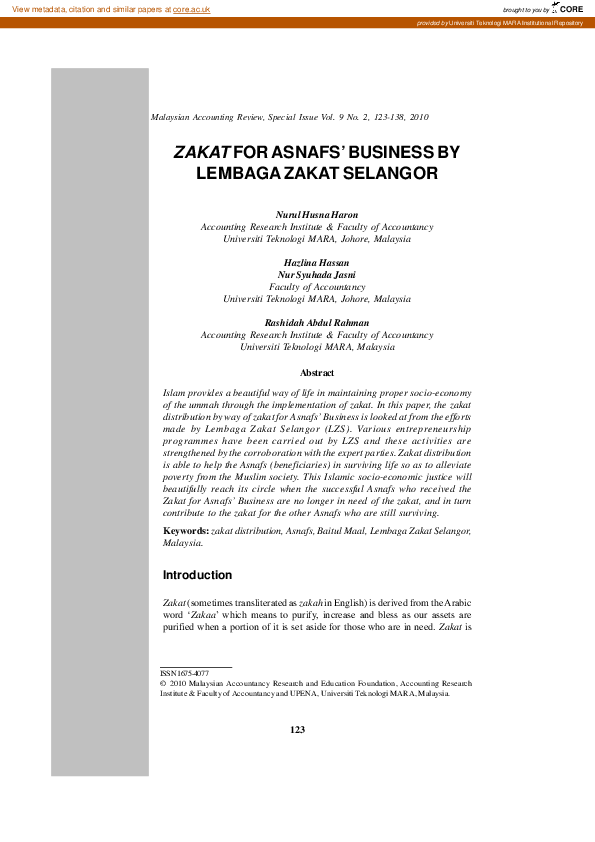 (PDF) Zakat for Asnafs' Business by Lembaga Zakat Selangor