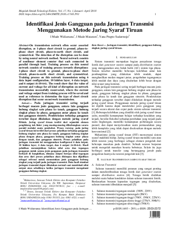 (PDF) Identifikasi Jenis Gangguan pada Jaringan Transmisi Menggunakan Metode Jaring Syaraf Tiruan