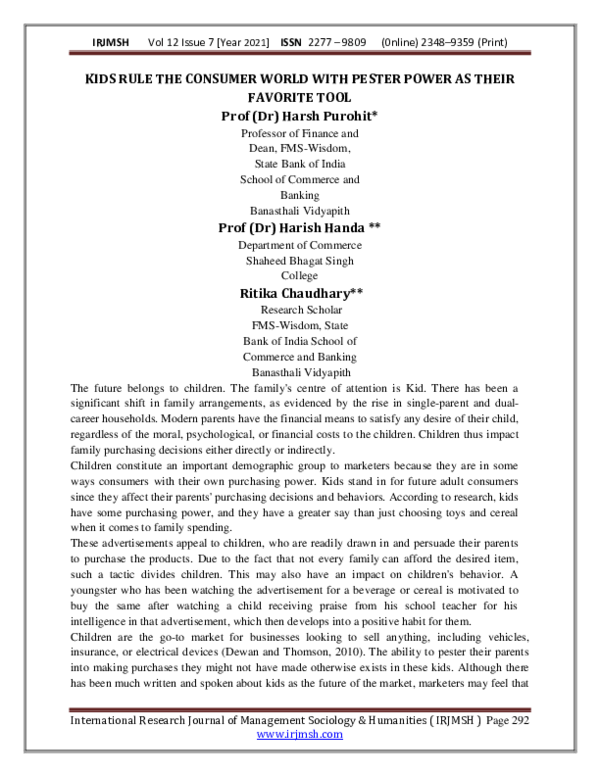 (PDF) KIDS RULE THE CONSUMER WORLD WITH PESTER POWER AS THEIR FAVORITE ...