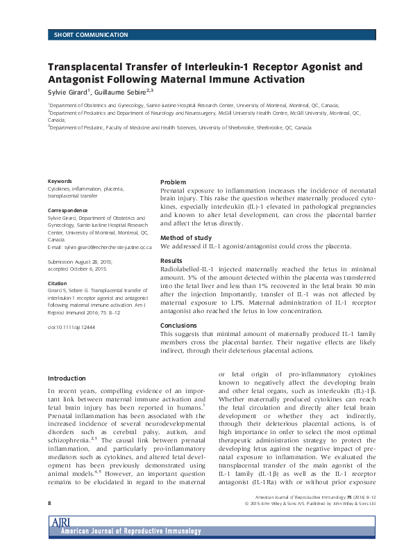 (PDF) Transplacental Transfer of Interleukin-1 Receptor Agonist and ...