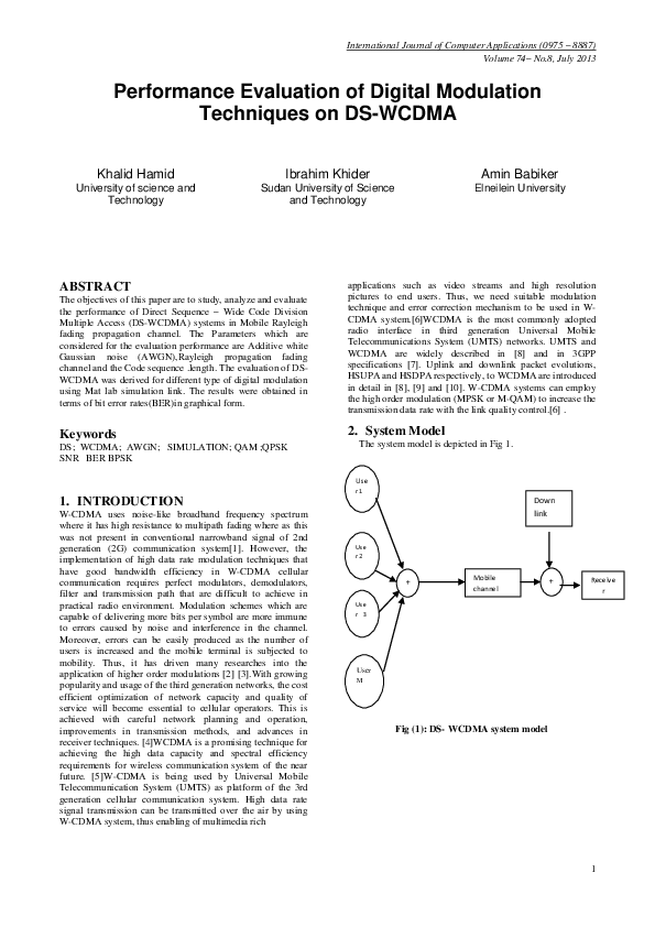 (PDF) Performance Evaluation of Digital Modulation Techniques on DS-WCDMA