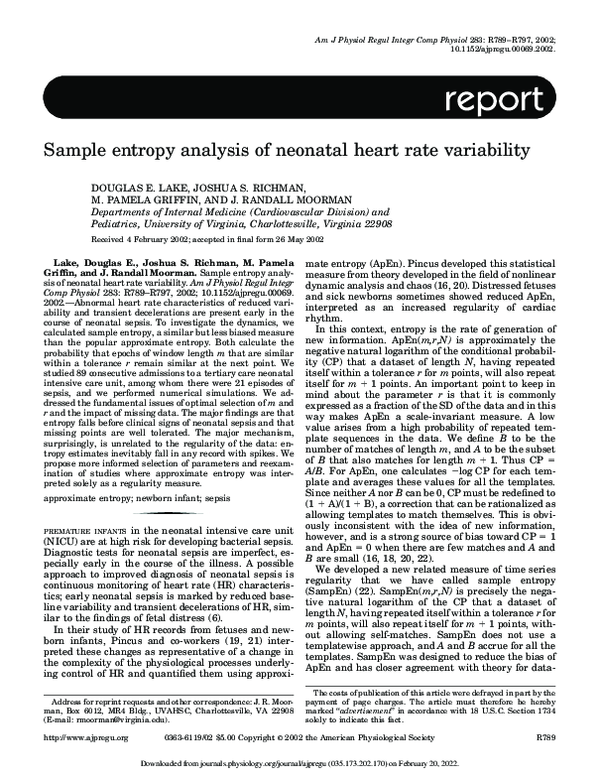 (PDF) Sample entropy analysis of neonatal heart rate variability