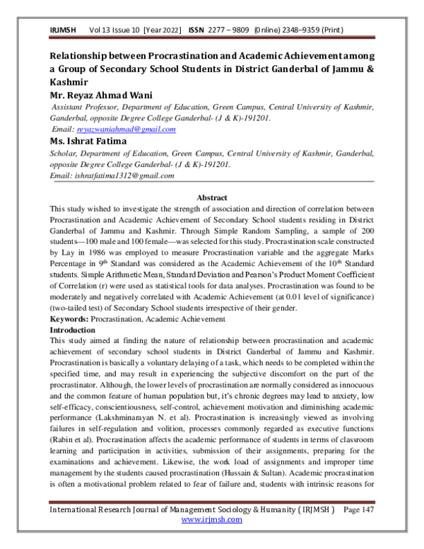 (PDF) Relationship between Procrastination and Academic Achievement among a Group of Secondary ...