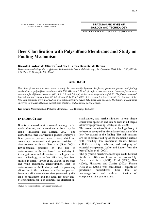 (PDF) Beer Clarification with polysulfone membrane and study on fouling ...