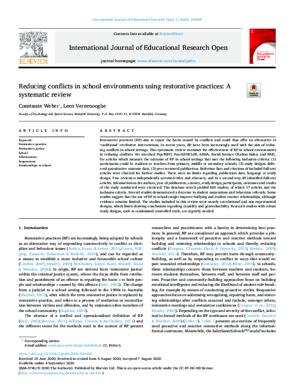 (PDF) Reducing conflicts in school environments using restorative ...