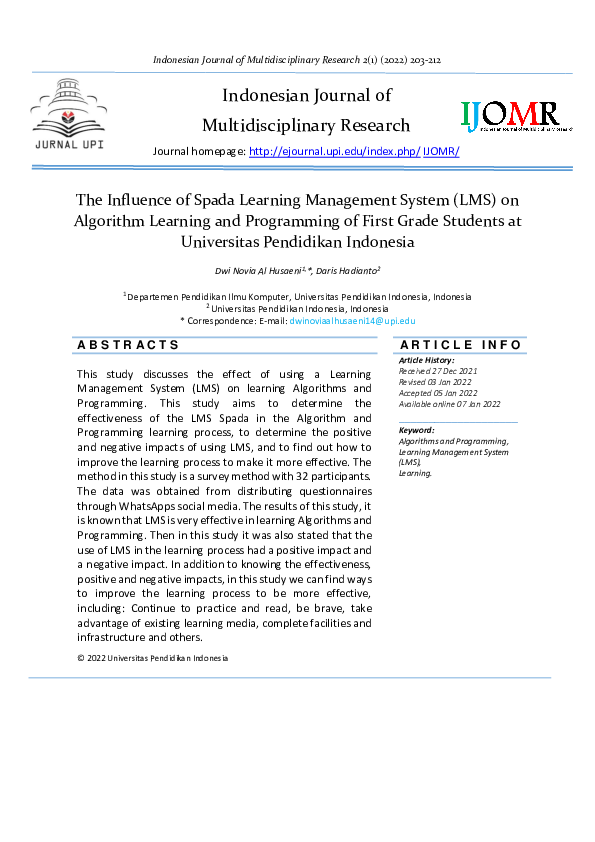(PDF) The Influence of Spada Learning Management System (LMS) on Algorithm Learning and ...