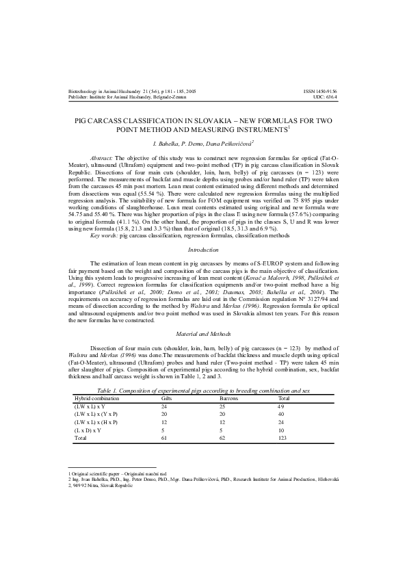 (PDF) Pig carcass classification in Slovakia: New formulas for two ...