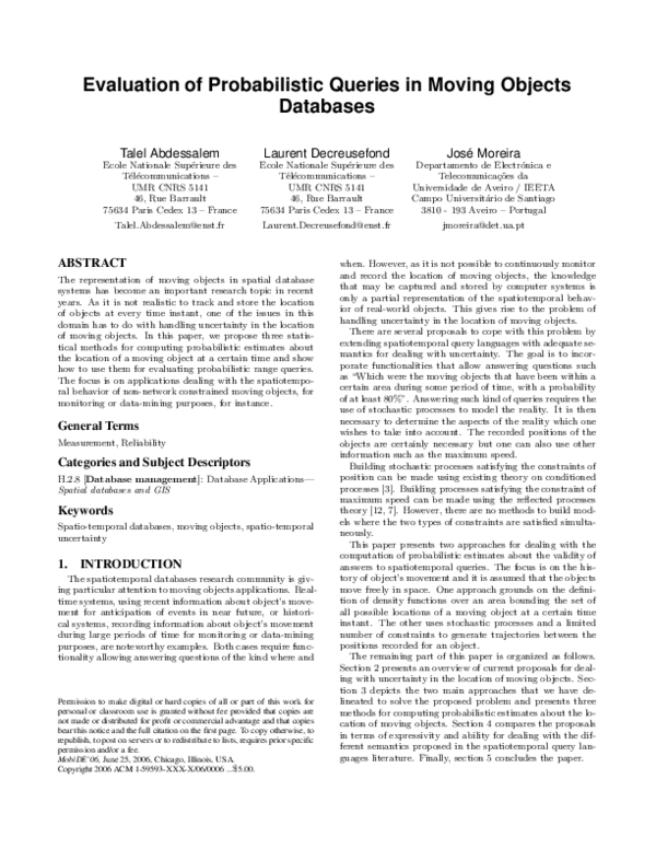 (PDF) Evaluation of probabilistic queries in moving objects databases