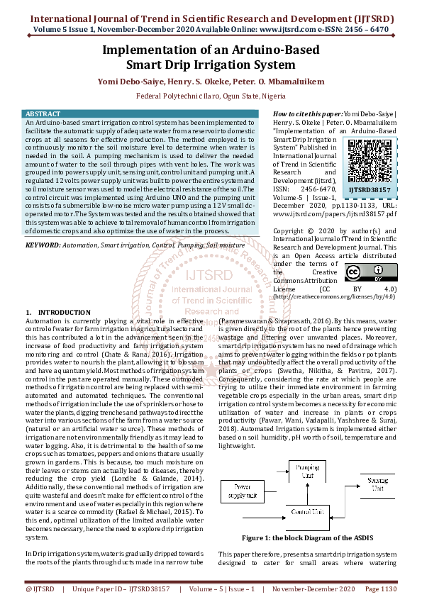 (PDF) Implementation of an Arduino-Based Smart Drip Irrigation System