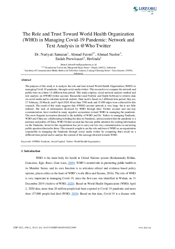 The Role and Trust Toward World Health Organization (WHO) in Managing ...