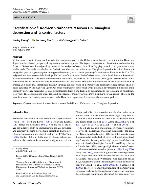 (PDF) Karstification of Ordovician carbonate reservoirs in Huanghua ...