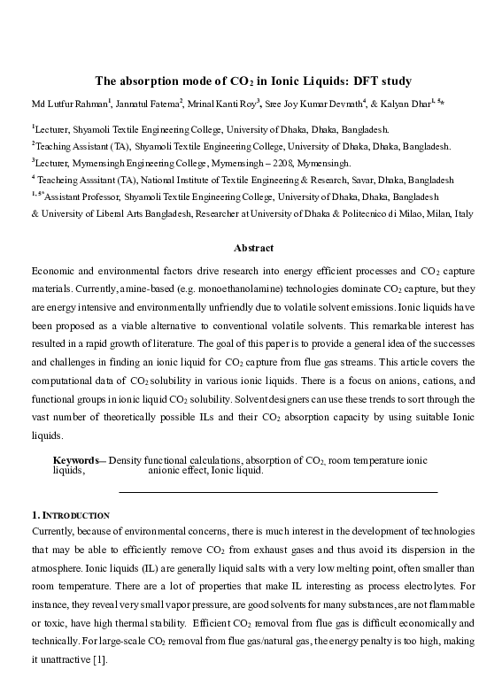 (PDF) The absorption mode of CO2 in Ionic Liquids: DFT study