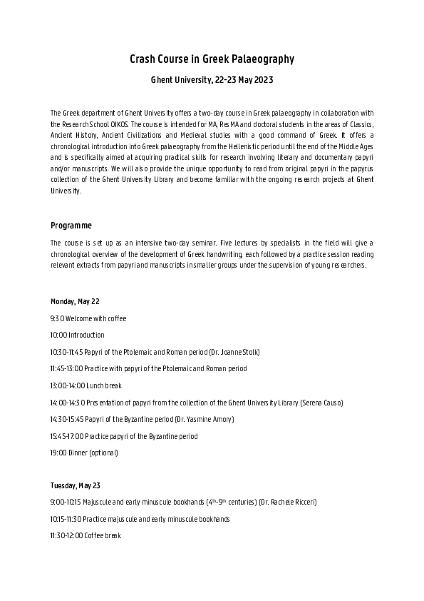(PDF) Crash Course in Greek Palaeography (22-23 May 2023)