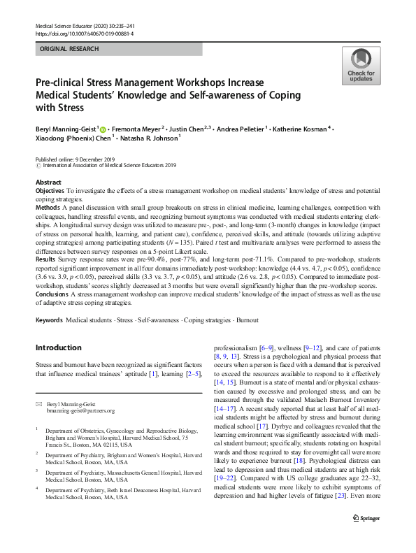 (PDF) Pre-clinical Stress Management Workshops Increase Medical Students’ Knowledge and Self ...