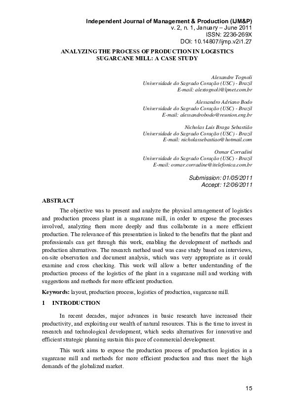 (PDF) Analyzing the Process of Production in Logistics Sugarcane Mill: A Case Study