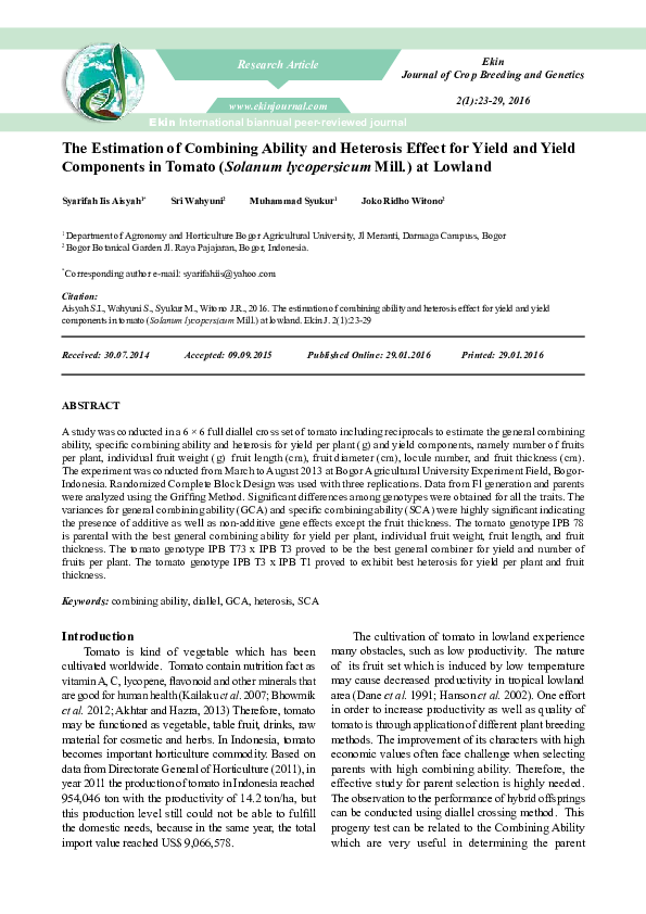 (PDF) The Estimation of Combining Ability and Heterosis Effect for Yield and Yield Components in ...