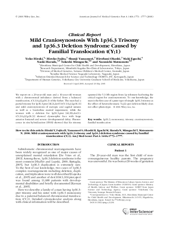 (PDF) Mild craniosynostosis with 1p36.3 trisomy and 1p36.3 deletion ...