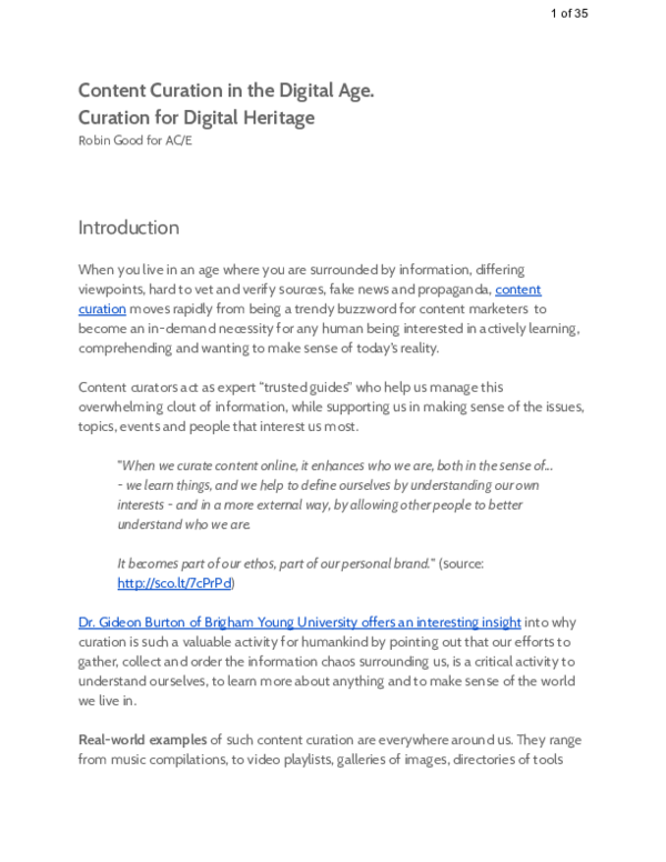 (PDF) Content Curation in the Digital Age - Curation for Digital Heritage
