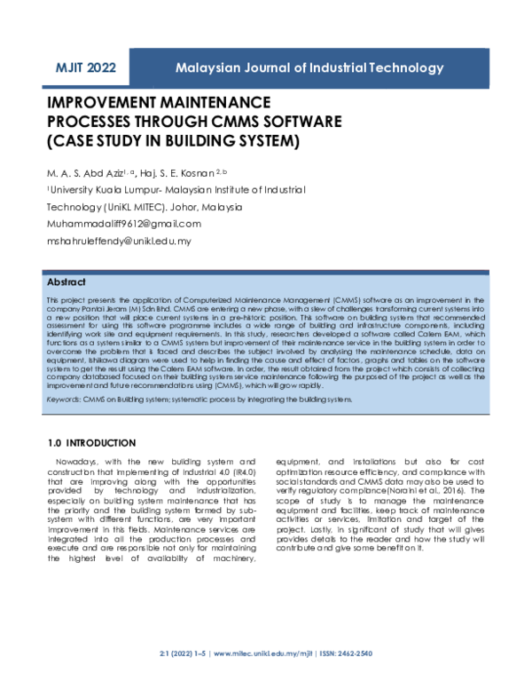 (PDF) IMPROVEMENT MAINTENANCE PROCESSES THROUGH CMMS SOFTWARE (CASE STUDY IN BUILDING SYSTEM