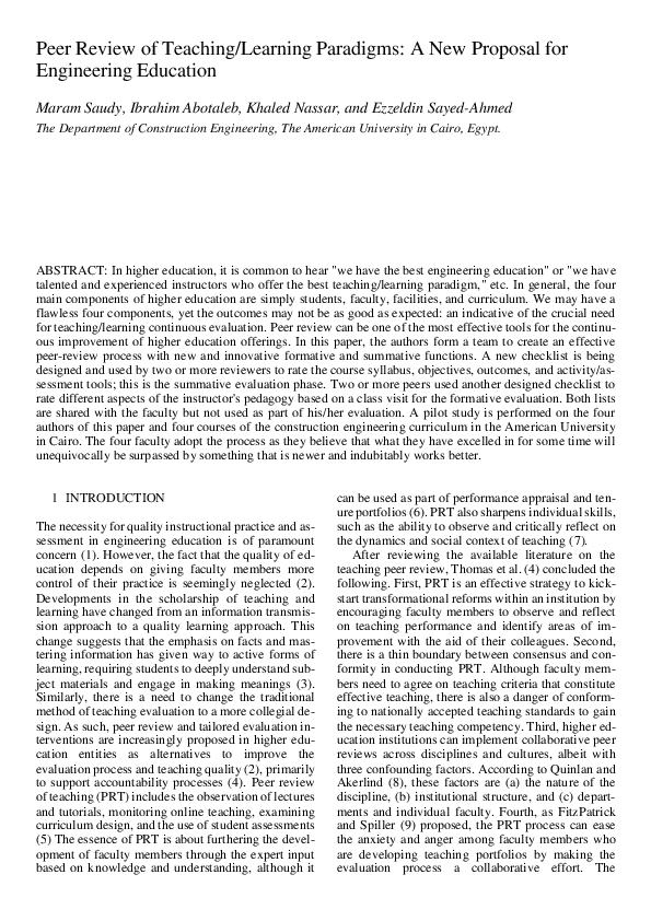 (PDF) Peer review of teaching/learning paradigms: A new proposal for engineering education