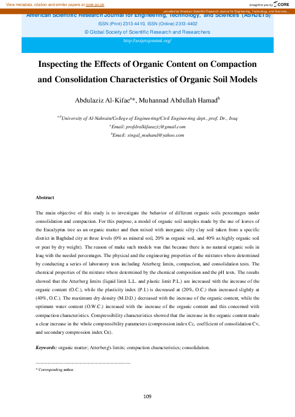 (PDF) Inspecting the Effects of Organic Content on Compaction and Consolidation Characteristics ...