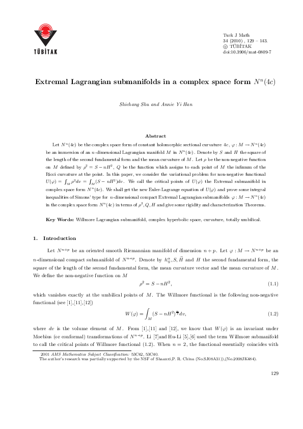 (PDF) Extremal Lagrangian submanifolds in a complex space form N^n(4c)