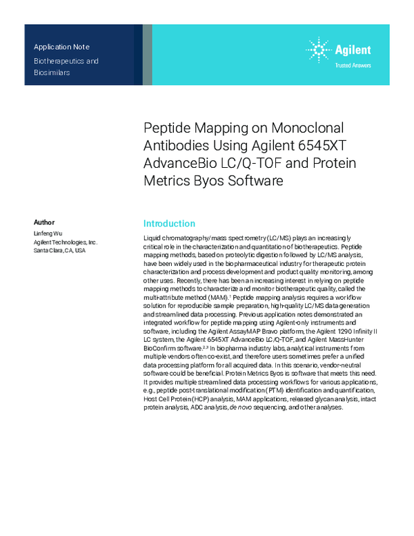 (PDF) Peptide Mapping on Monoclonal Antibodies Using Agilent 6545XT AdvanceBio LC/Q-TOF and ...