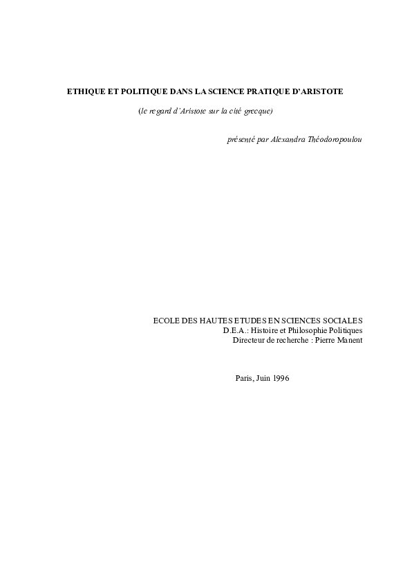 (PDF) ETHIQUE ET POLITIQUE DANS LA SCIENCE PRATIQUE D'ARISTOTE