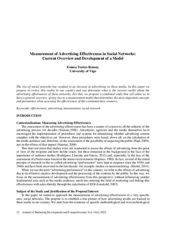 (PDF) Measurement of Advertising Effectiveness in Social Networks ...