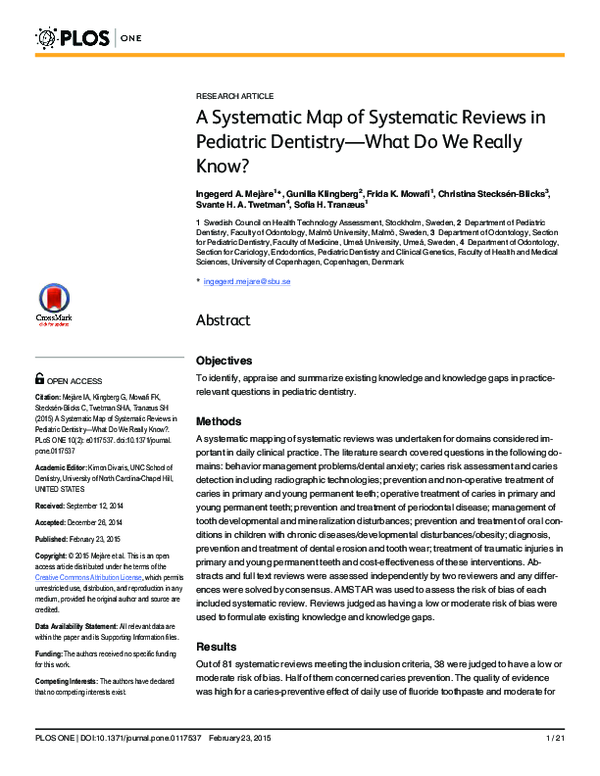 (PDF) A Systematic Map of Systematic Reviews in Pediatric Dentistry ...