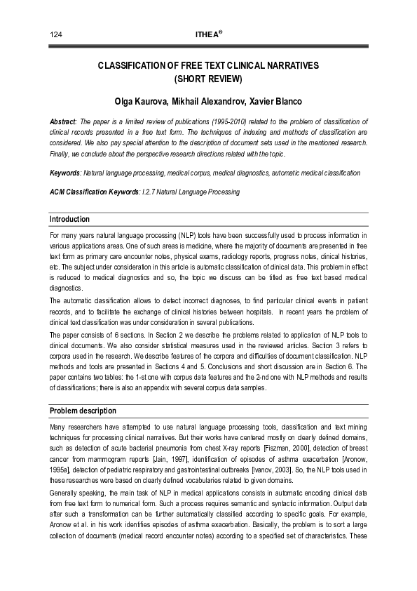 (PDF) Classification of Free Text Clinical Narratives (Short Review)