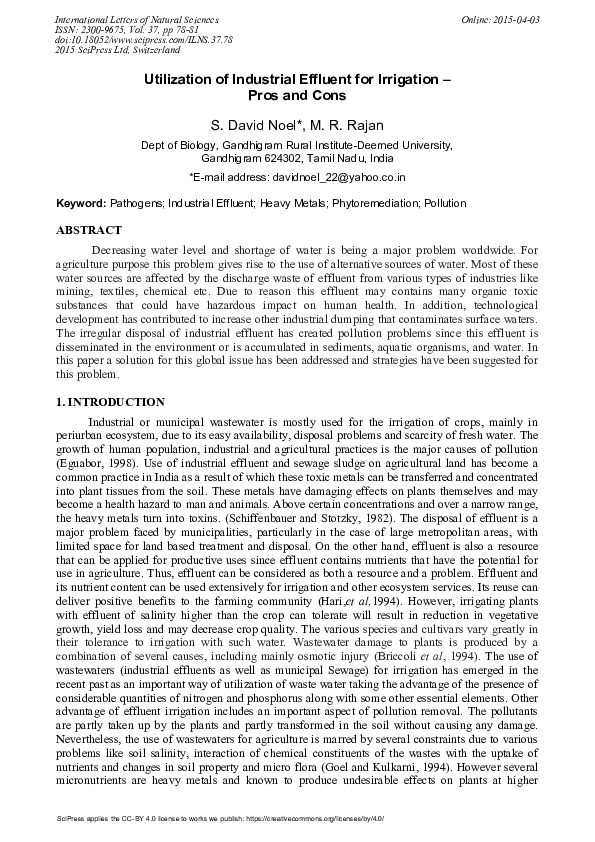 (PDF) Utilization of Industrial Effluent for Irrigation - Pros and Cons