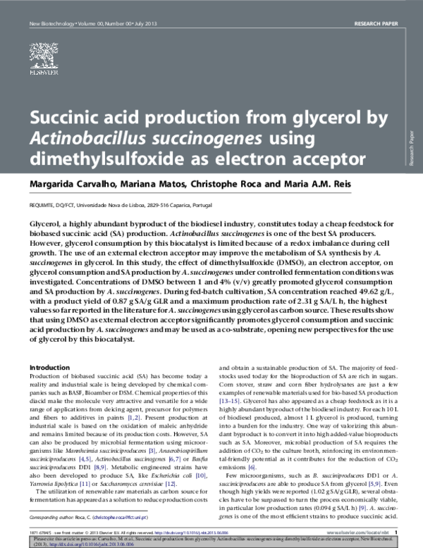 (PDF) Succinic acid production from glycerol by Actinobacillus ...