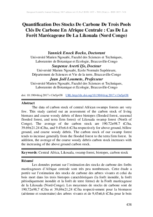 (PDF) Quantification Des Stocks De Carbone De Trois Pools Clés De Carbone En Afrique Centrale ...