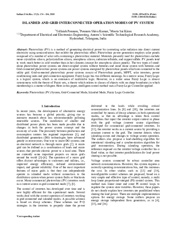 Pdf Islanded And Grid Interconnected Operation Modes Of Pv System Yellaiah Ponnam