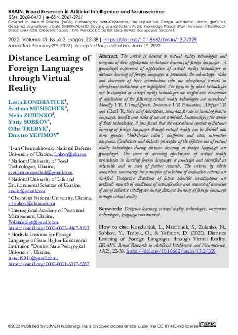 (PDF) Distance Learning of Foreign Languages through Virtual Reality