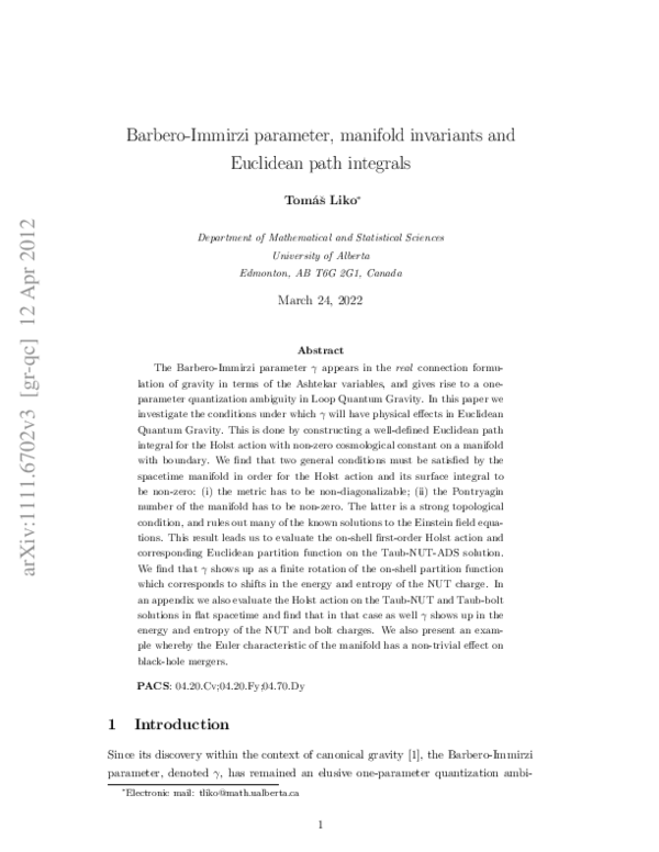 (PDF) Barbero–Immirzi parameter, manifold invariants and Euclidean path integrals | Tomas Liko ...