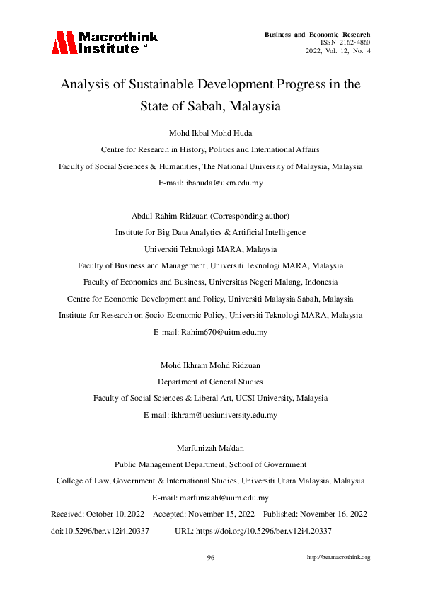 (PDF) Analysis of Sustainable Development Progress in the State of Sabah, Malaysia