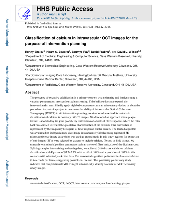 (PDF) Classification of calcium in intravascular OCT images for the ...