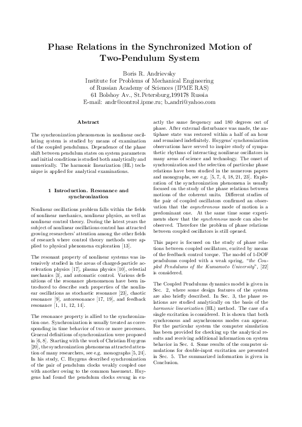 (PDF) Phase relations in the synchronized motion of two-pendulum system ...