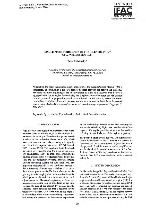(PDF) Single-Pulse Correction of the Re-Entry Point of a Payload Module