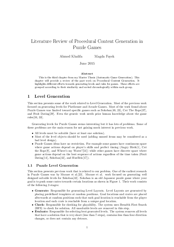 (PDF) Literature review of procedural content generation in puzzle games