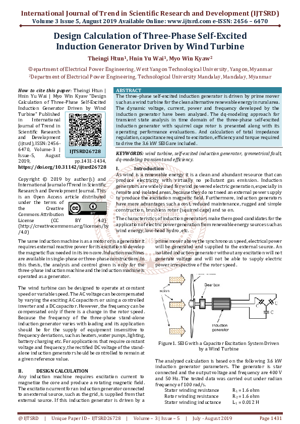 Pdf Design Calculation Of Three Phase Self Excited Induction Generator Driven By Wind Turbine