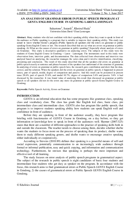 (PDF) Grammar Errors in Genta English Public Speech