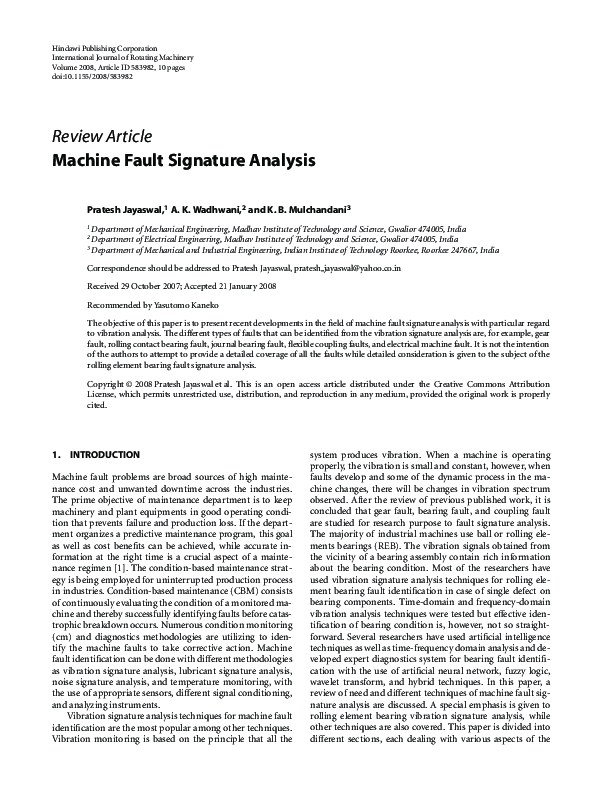 (PDF) Machine Fault Signature Analysis