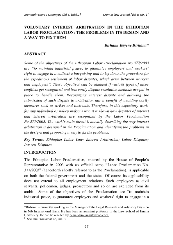 (PDF) Improving Interest Arbitration in Ethiopia's Labor Law