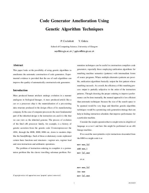Pdf Code Generator Amelioration Using Genetic Algorithm Techniques Paul Cockshott
