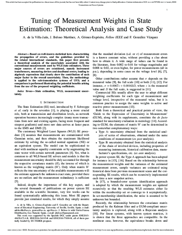 (PDF) Tuning of Measurement Weights in State Estimation: Theoretical ...